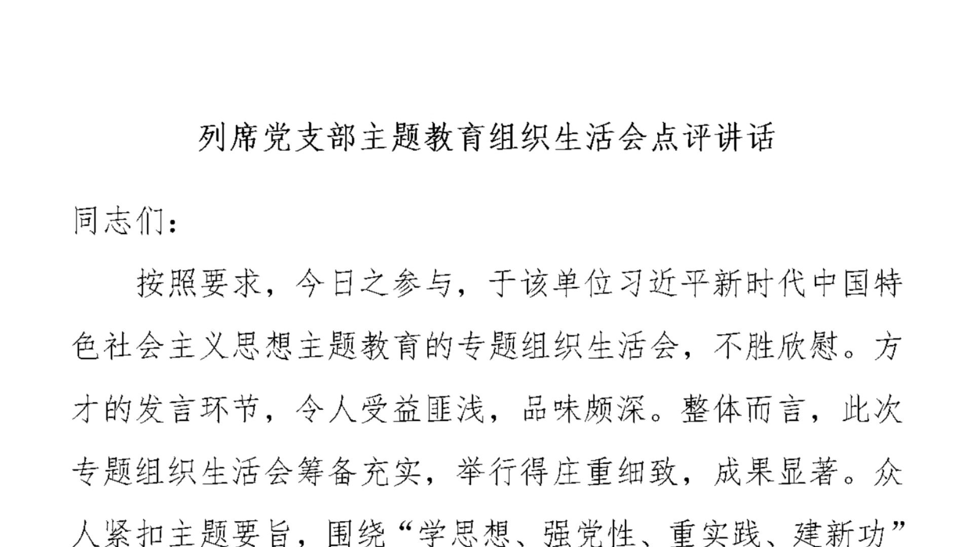 列席党支部主题教育组织生活会点评讲话