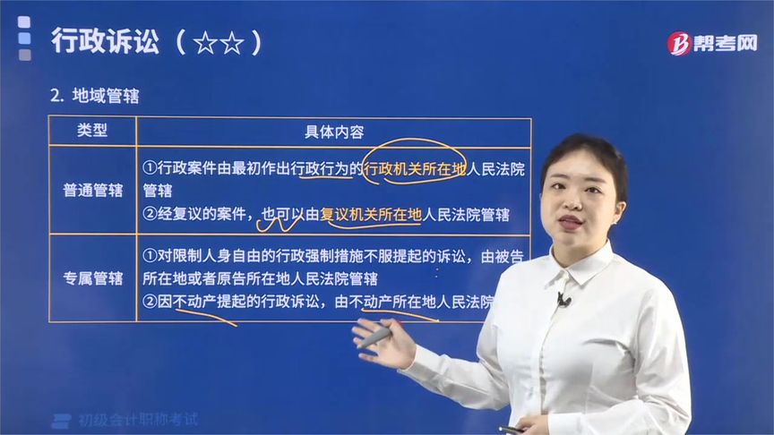 帮考网初级会计考试纪微老师带你熟记行政诉讼管辖包括哪些类型?