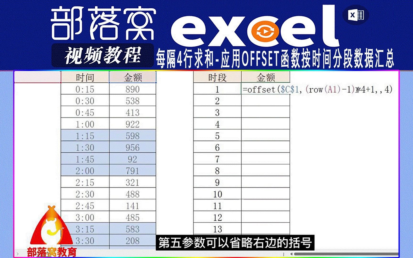 excel每隔4行求和视频:应用offset函数按时间分段数据汇总