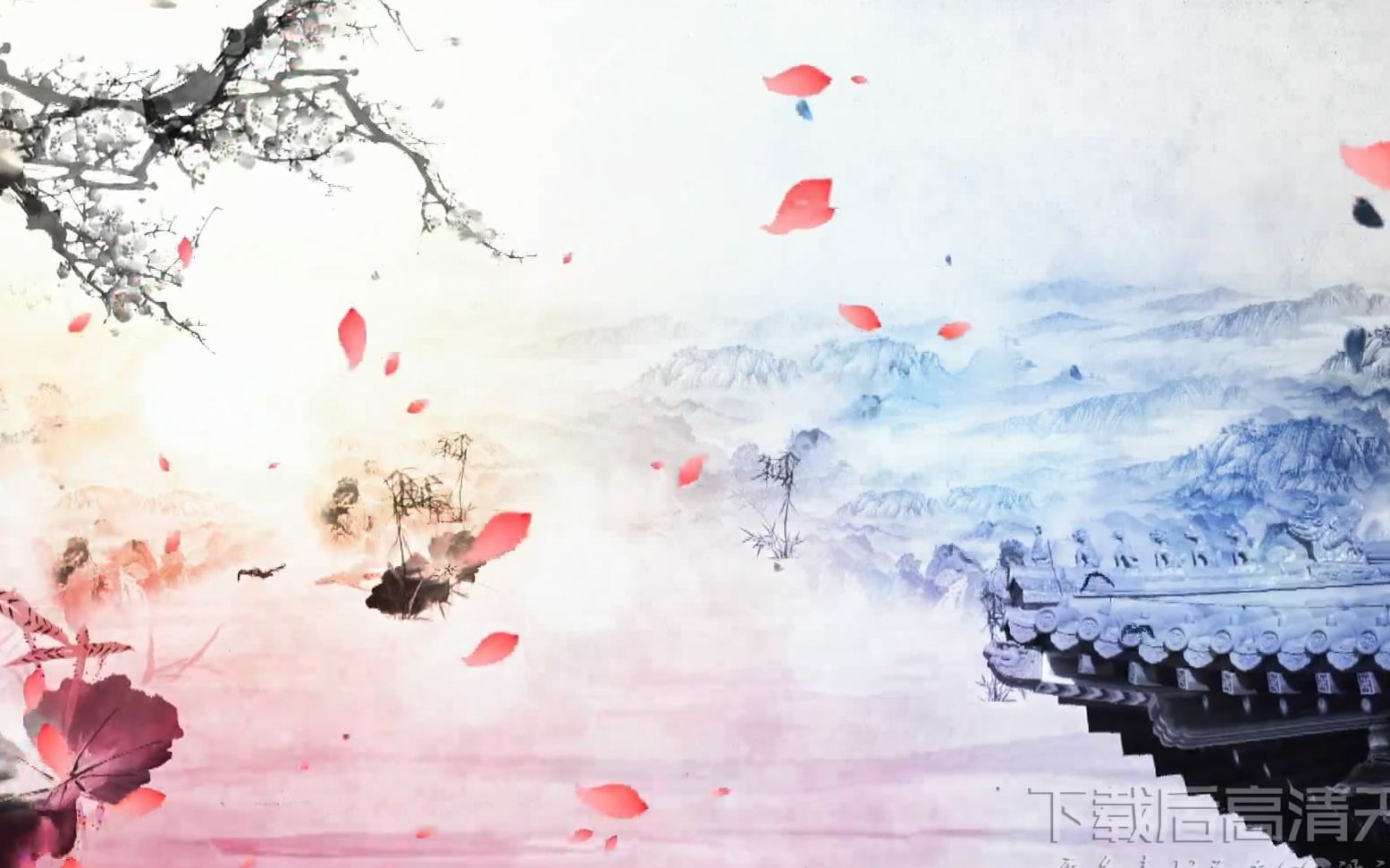 s415 中国风水墨雪景桃花天鹅LED舞台背景视频素材ae模板 会声会影 ...