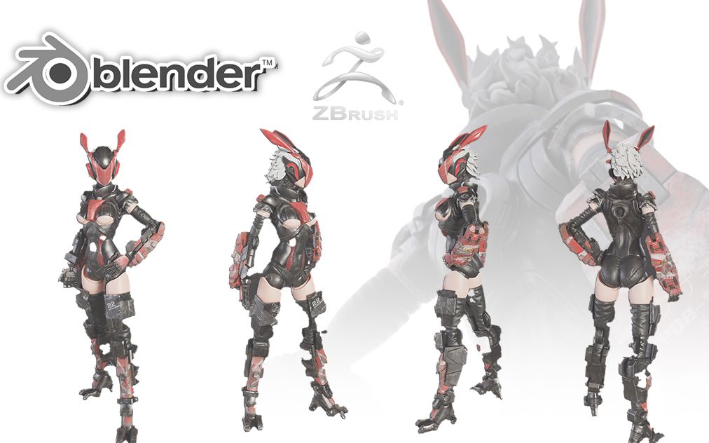 【Blender+ZBrush】游戏角色-兔女郎拳击机甲-制作-熟肉【提供工程...