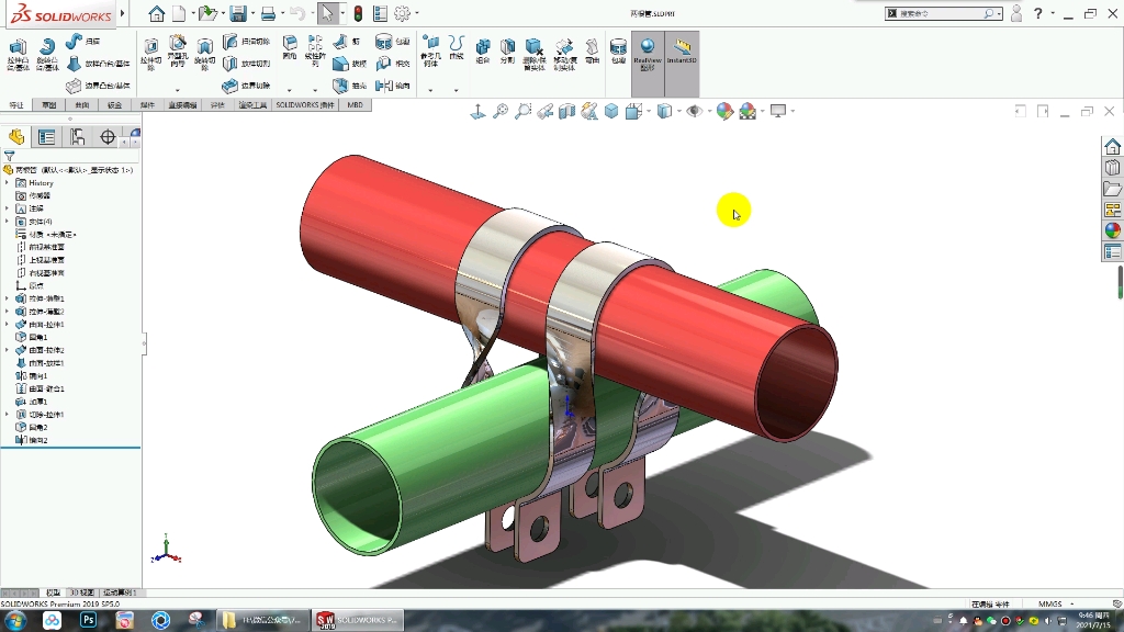 用SolidWorks画两根管,用螺栓、螺母固定起来