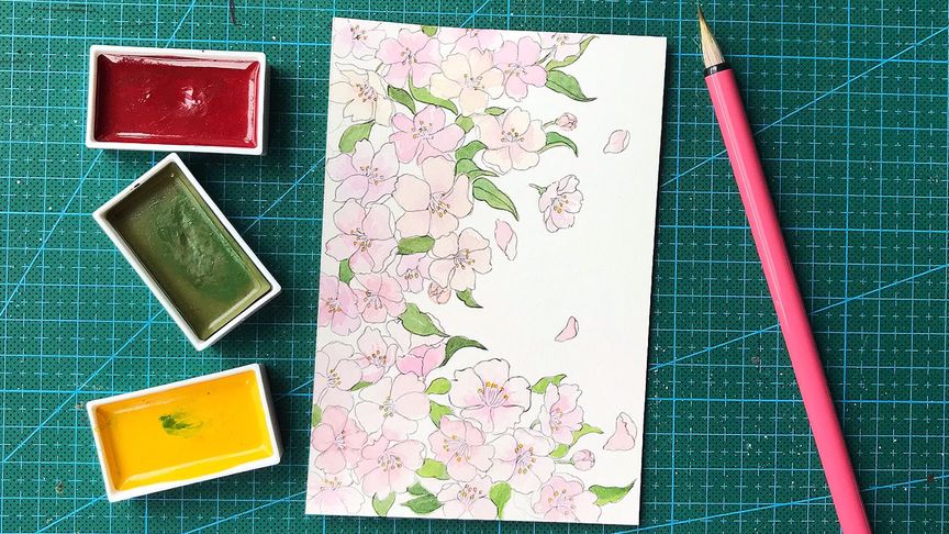 水彩:唯美清新的樱花,原来画法这么简单,好美