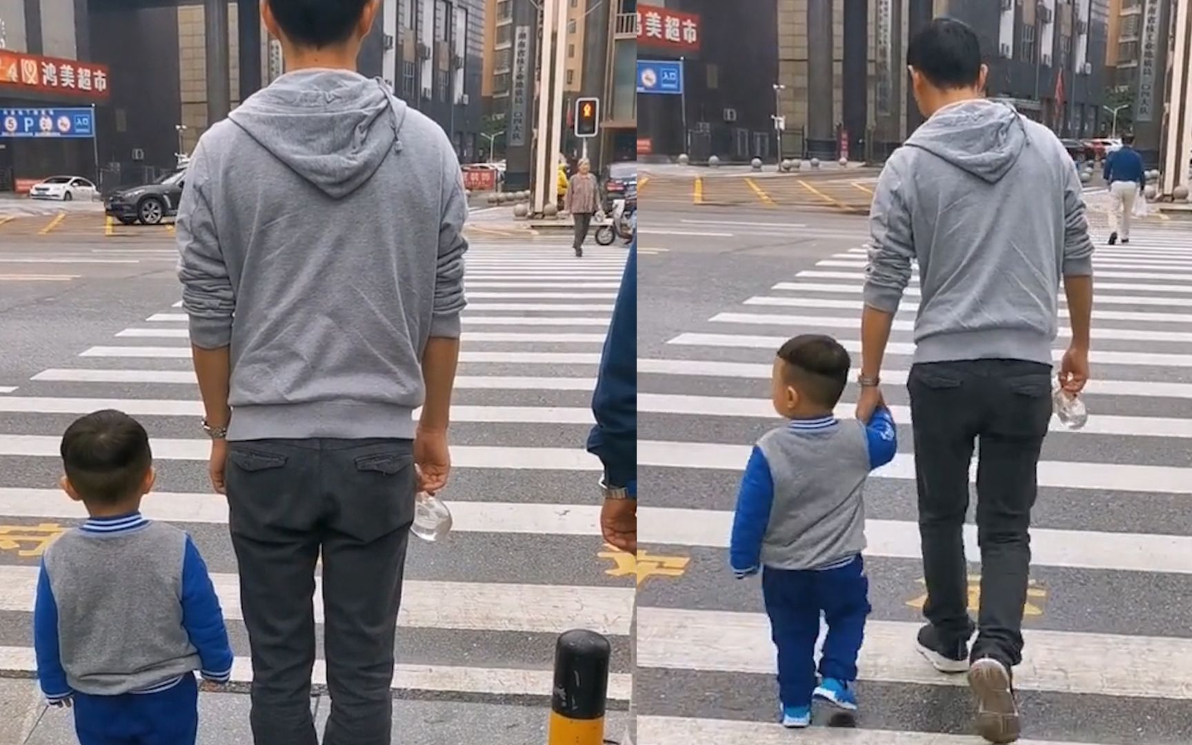 爸爸带儿子笔直站斑马线前等红绿灯获赞 过马路前爸爸还做了这动作