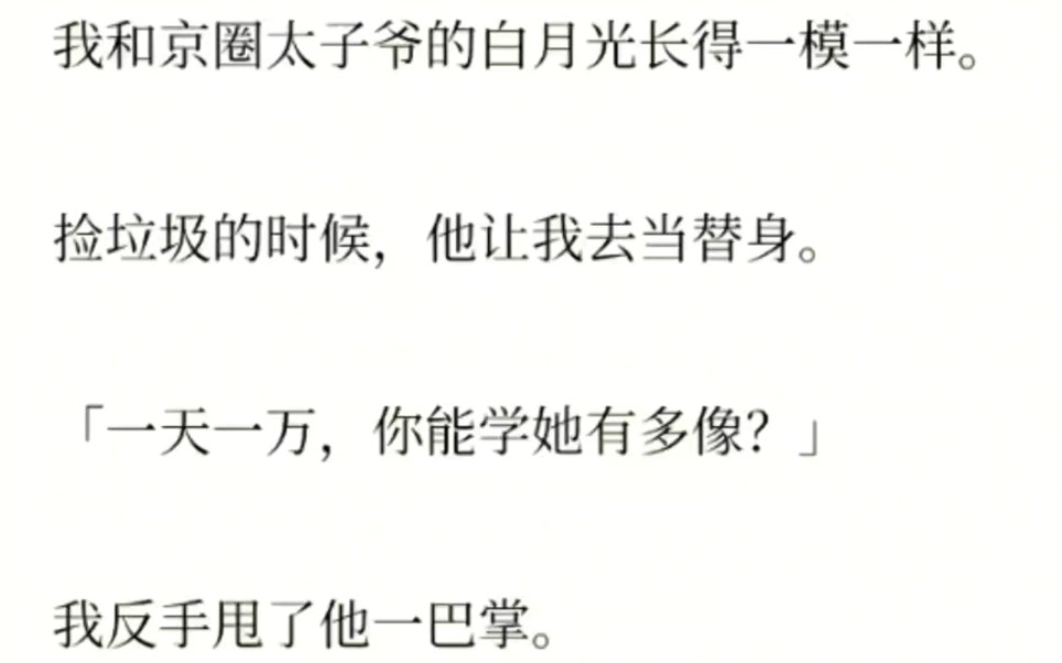 我和京圈太子爷的白月光长得一模一样。捡垃圾的时候,他让我去当...