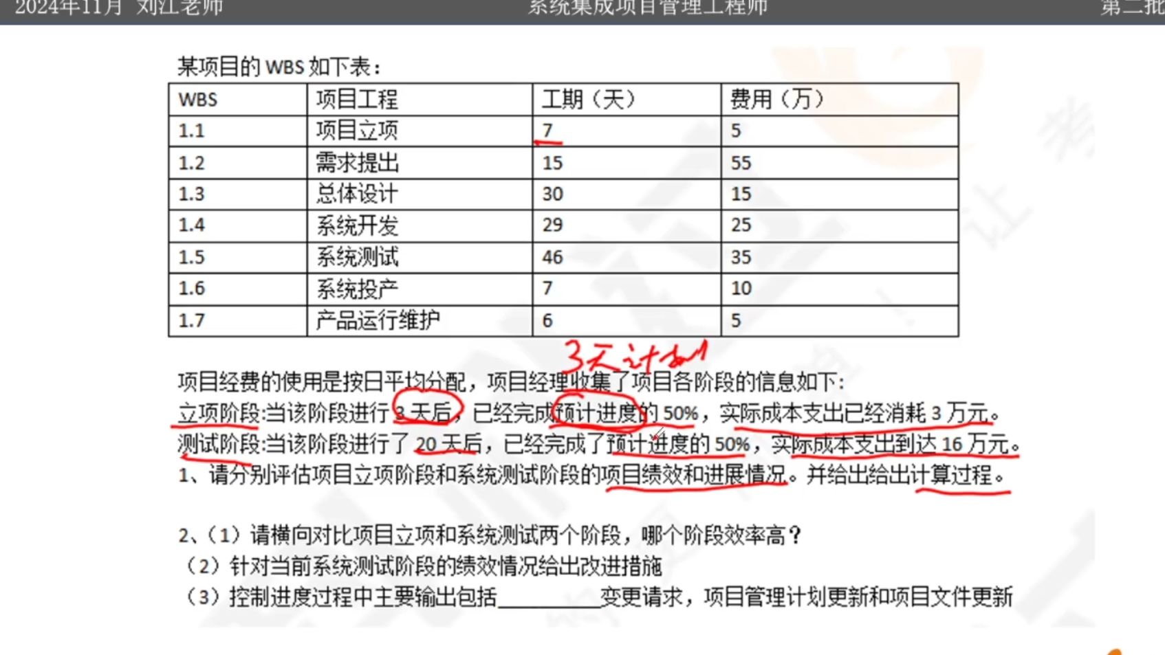 2024年11月第一批计算题:系统集成项目管理工程师