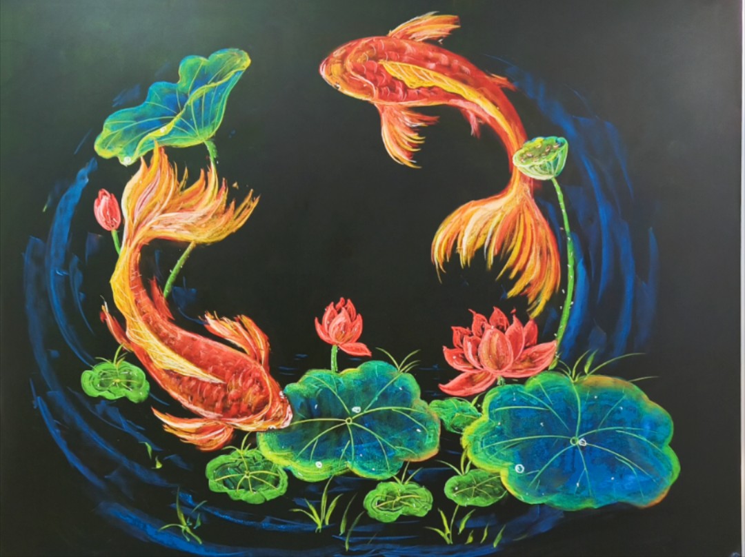 粉笔画,荷花鲤鱼