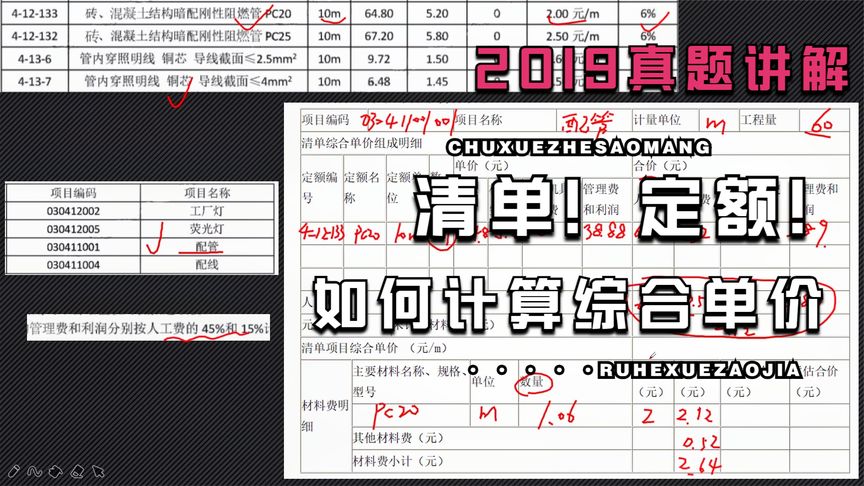 2019造价案例真题讲解安装案例第2小问:根据定额算清单综合单价