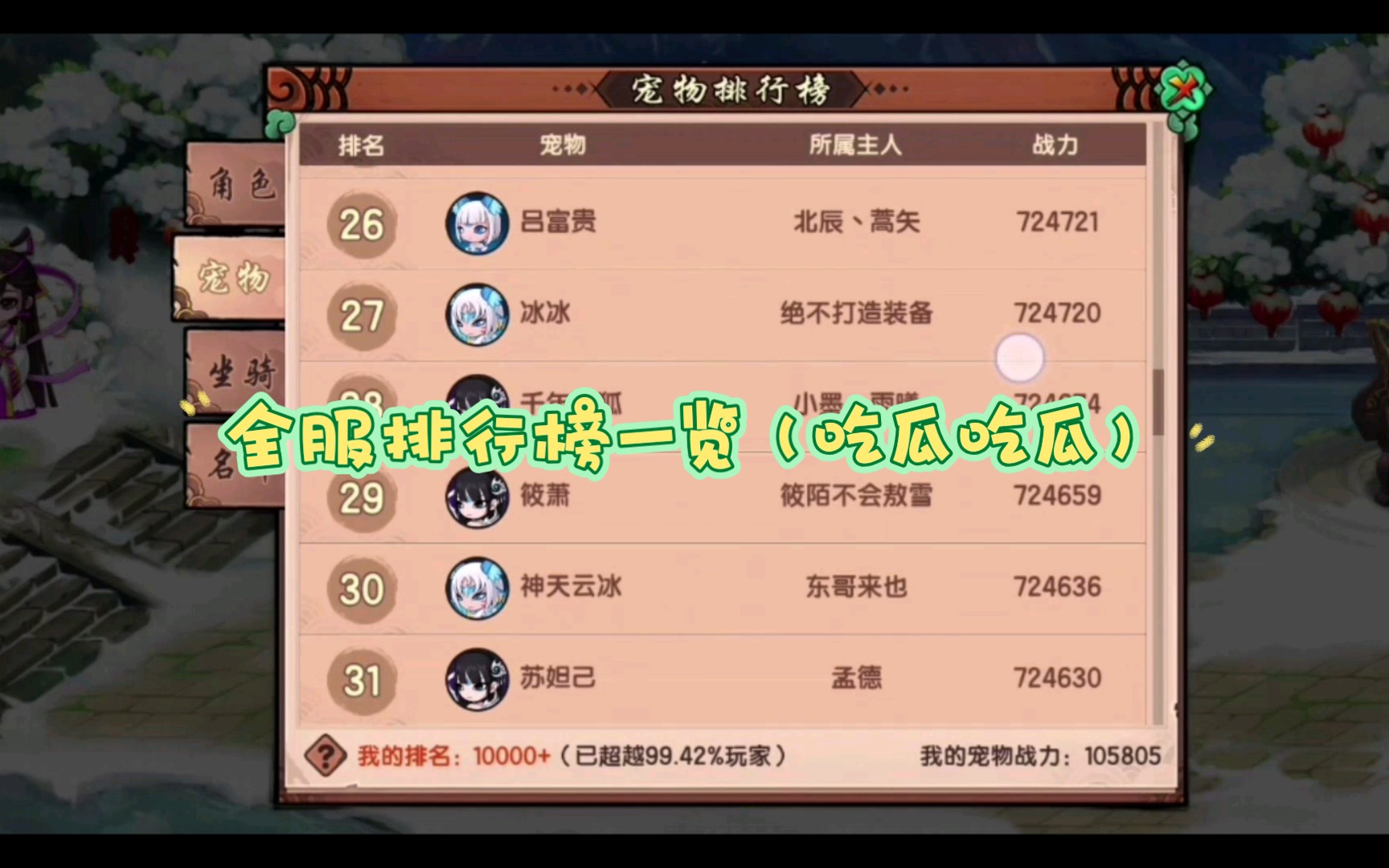 【造梦无双】全服所有角色宠物坐骑名师排行榜一览(满足大家的吃瓜...