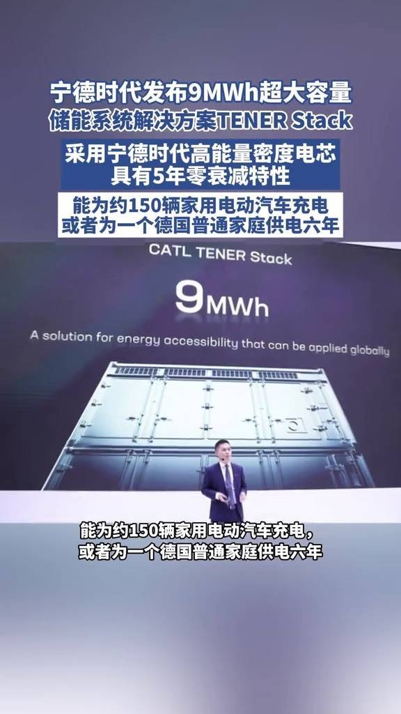 宁德时代发布9MWh超大容量储能系统解决方案TENER Stack,采用宁德...