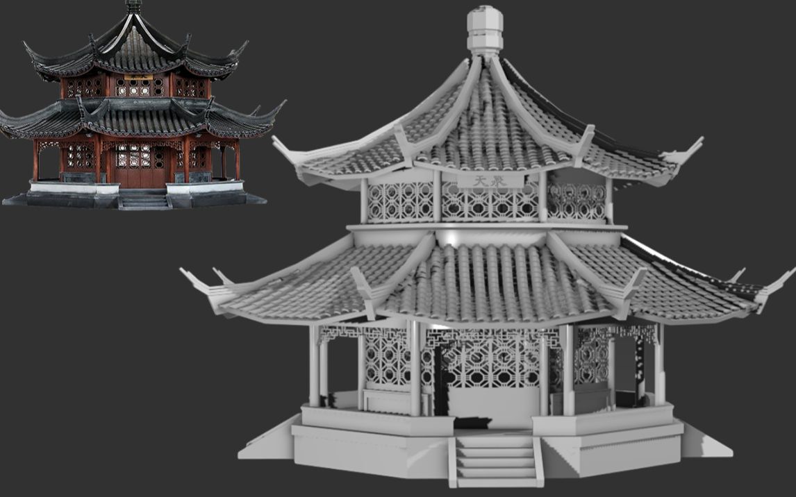 3Dmax建模--从零开始做一个八角亭,模型布线卡线细节教学!
