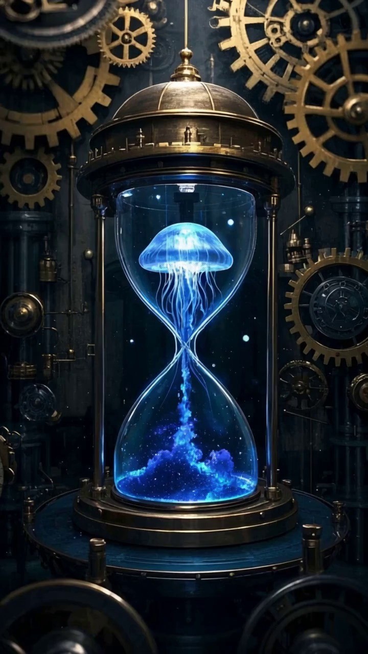 未来主义机械沙漏,精密金属齿轮与透明玻璃管构成,内部悬浮半透明...