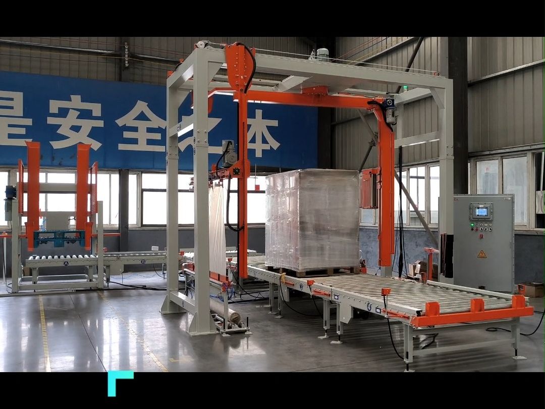 缠绕膜自动打包机缠膜流程,美奇斯自动化包装流水线缠绕机