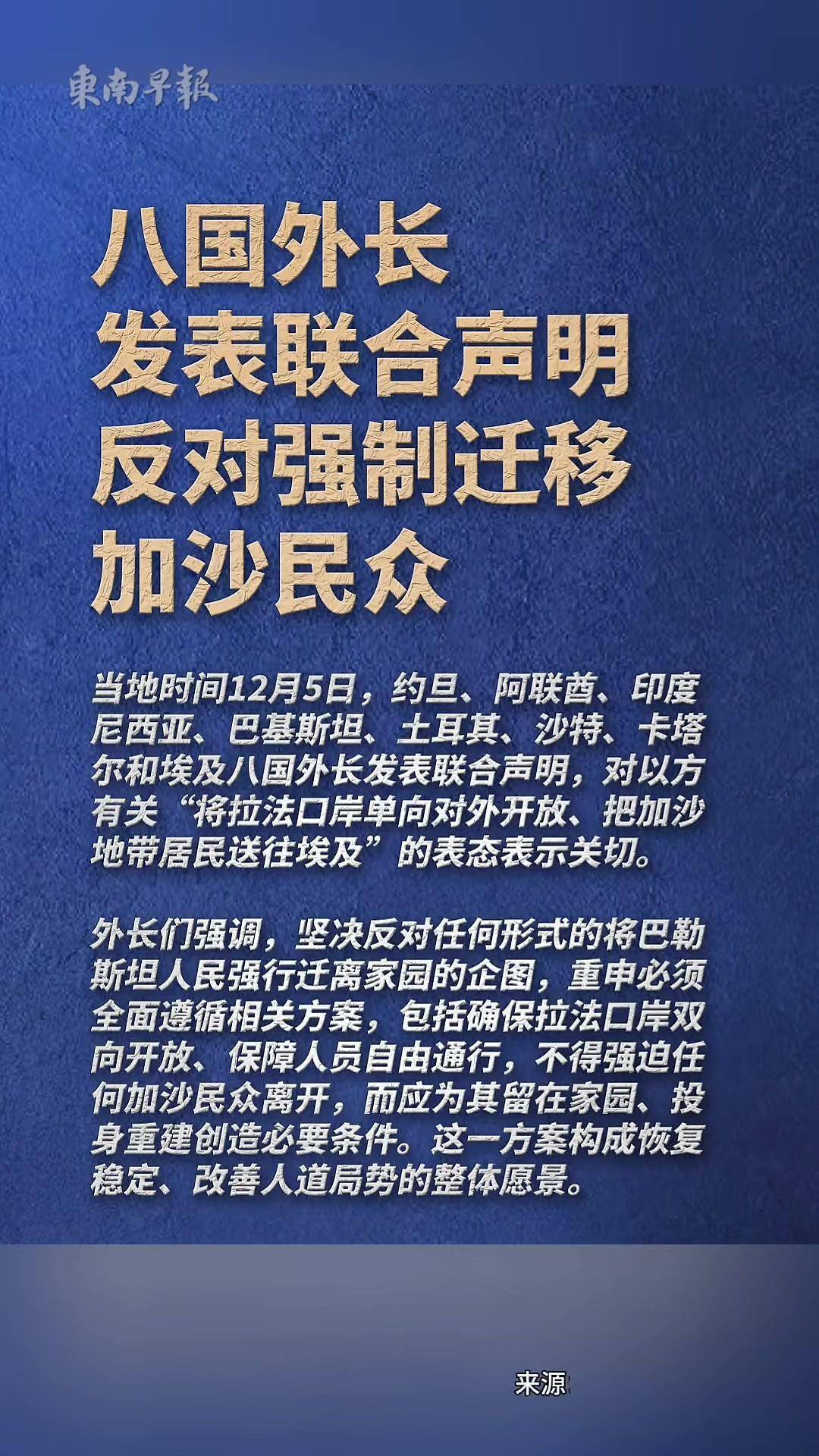 八国外长发表联合声明反对强制迁移加沙民众。