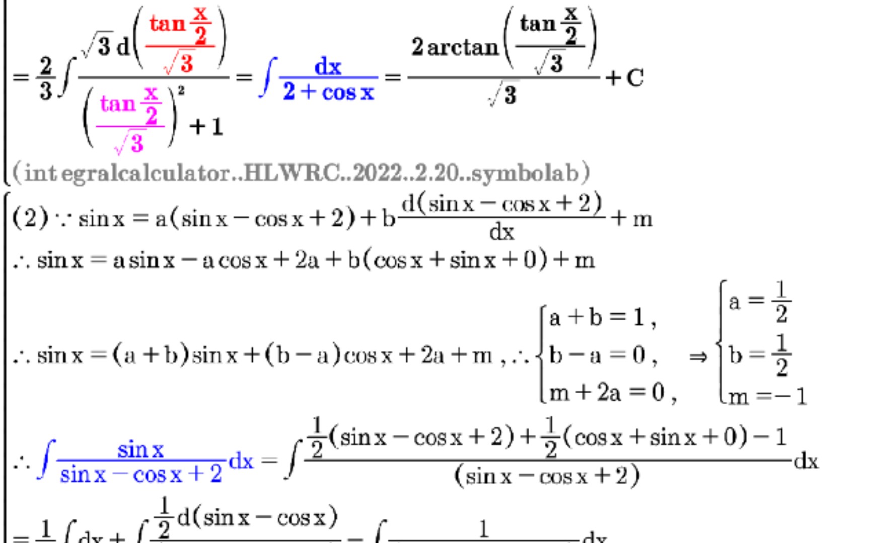 ⚡不定积分∫sinxdx/(sinx+2-cosx)⚡万能公式⚡待定系数法⚡方言必将...