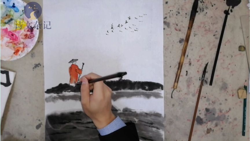 水墨画最有意境,简单几笔加喷壶喷水就是一幅画
