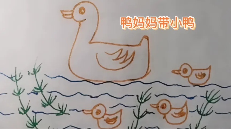 今天来画一幅简笔画,鸭妈妈带小鸭水中乐游,充满温情的一家
