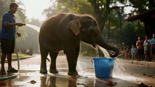 小象撒娇拦路求洗澡!公路管理员秒变搓澡工,萌化全场!