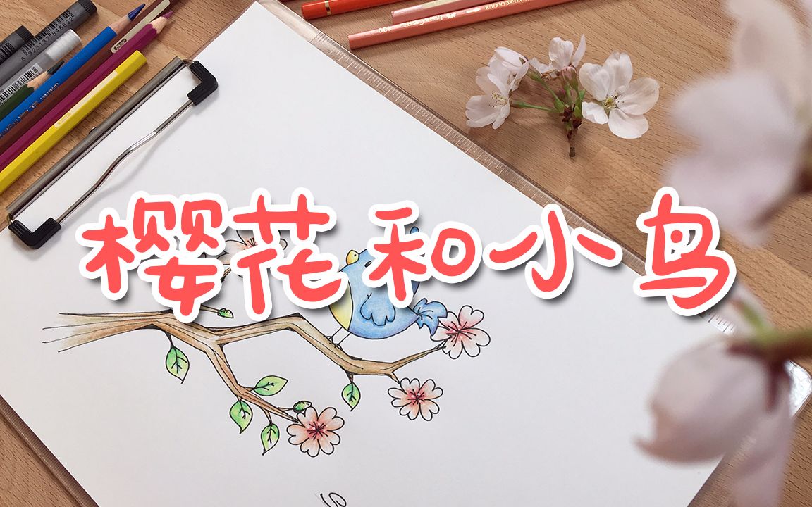 卡通画|浪漫樱花季,一只小鸟恋上了一棵樱花树,好简单的画法