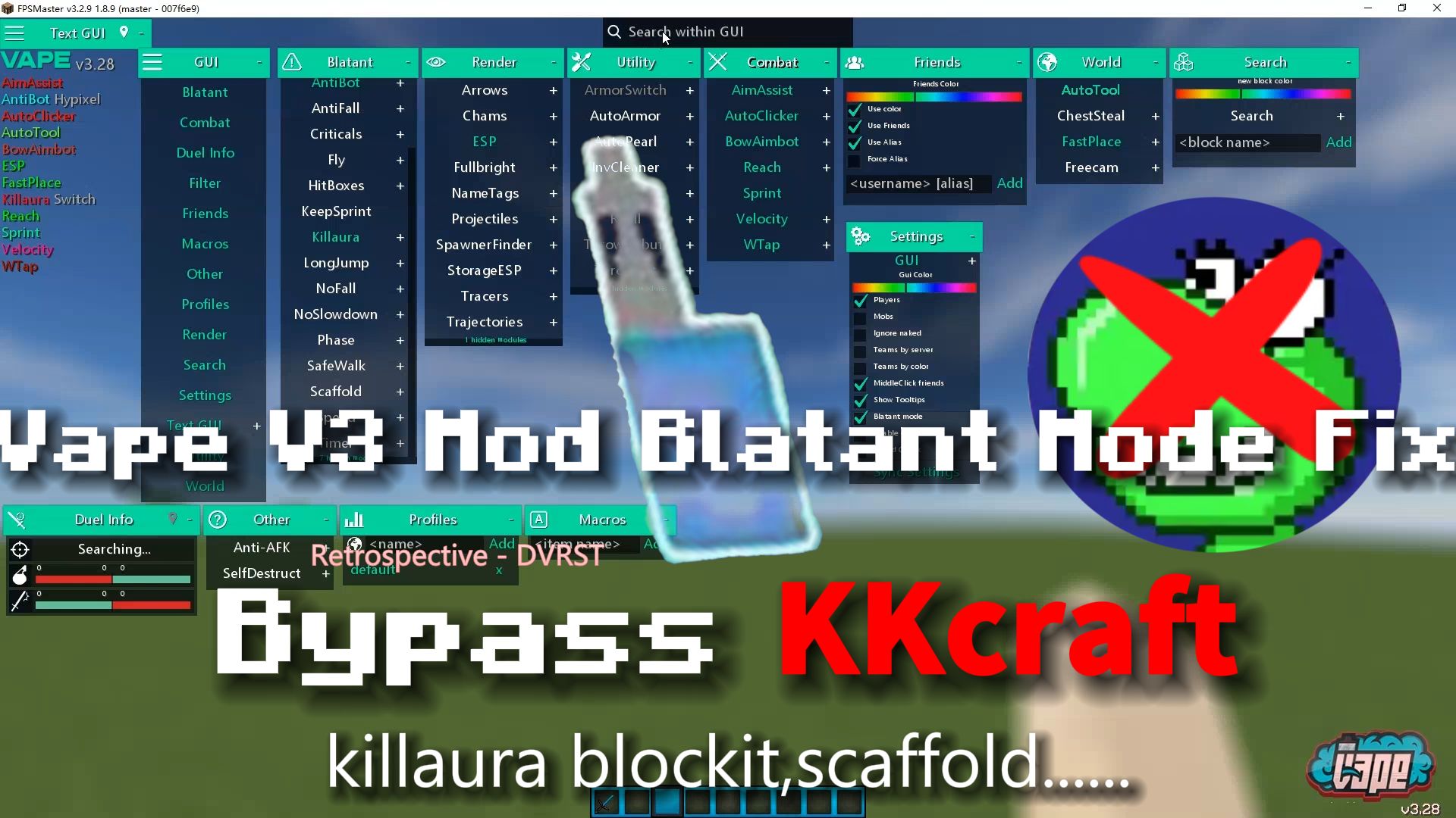 公布Vape V3 Mod绕过KKcraft配置*防砍,自动搭路,背包清理.