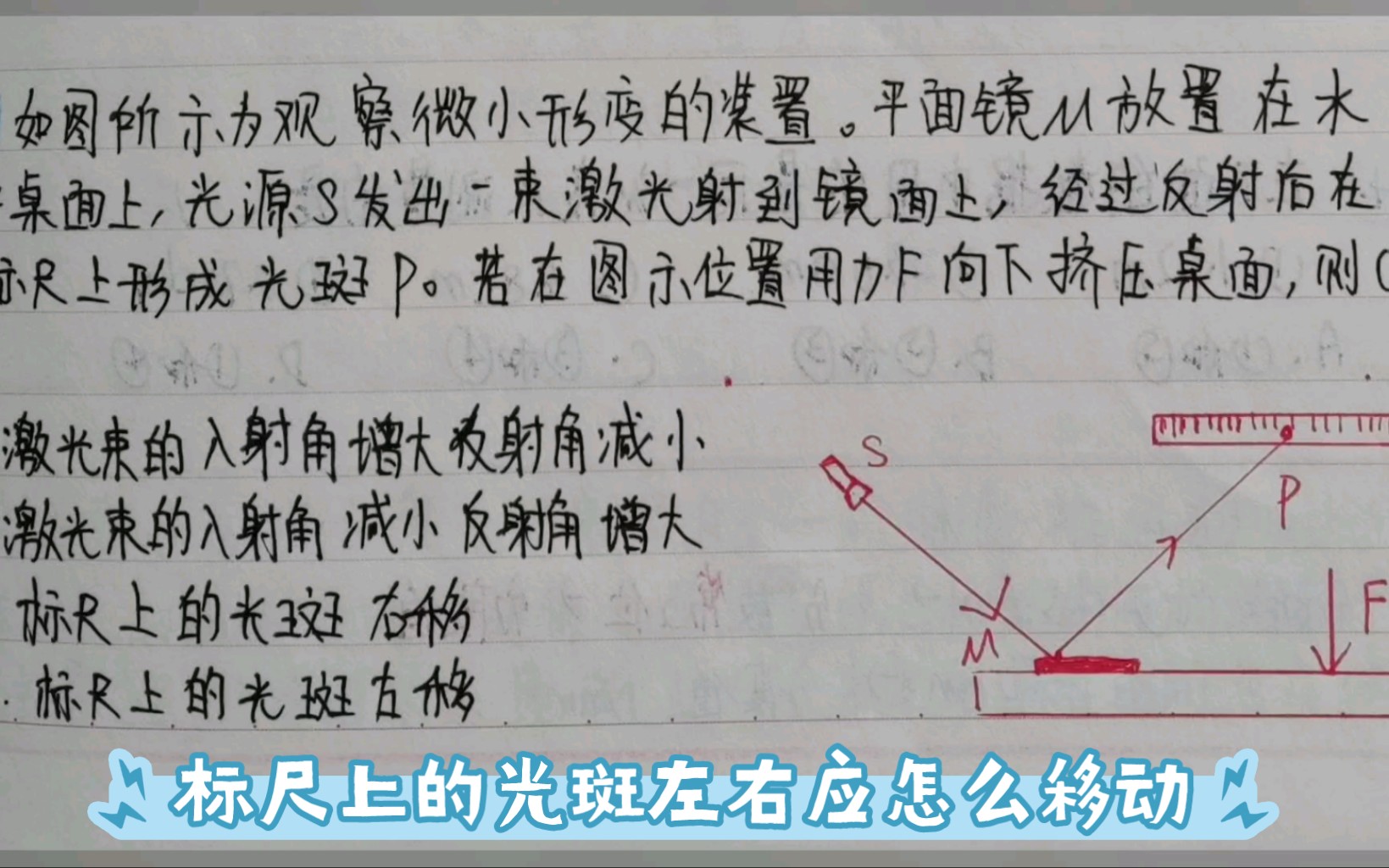 ...光的折射,用力挤压桌面,标尺上的光斑左右应怎么移动,入射角与反射...