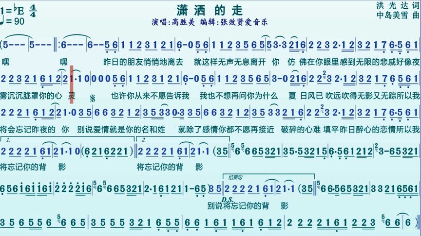 歌曲《潇洒的走》的光标跟随动态bE调简谱和bE调伴奏