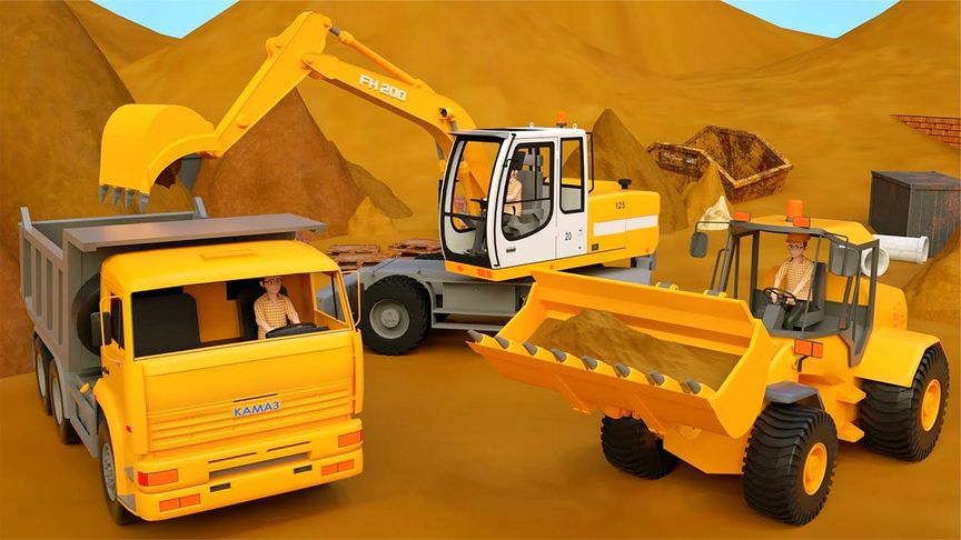 挖掘机、工程车修建游泳池和加油站,工程车表演,趣味益智动画