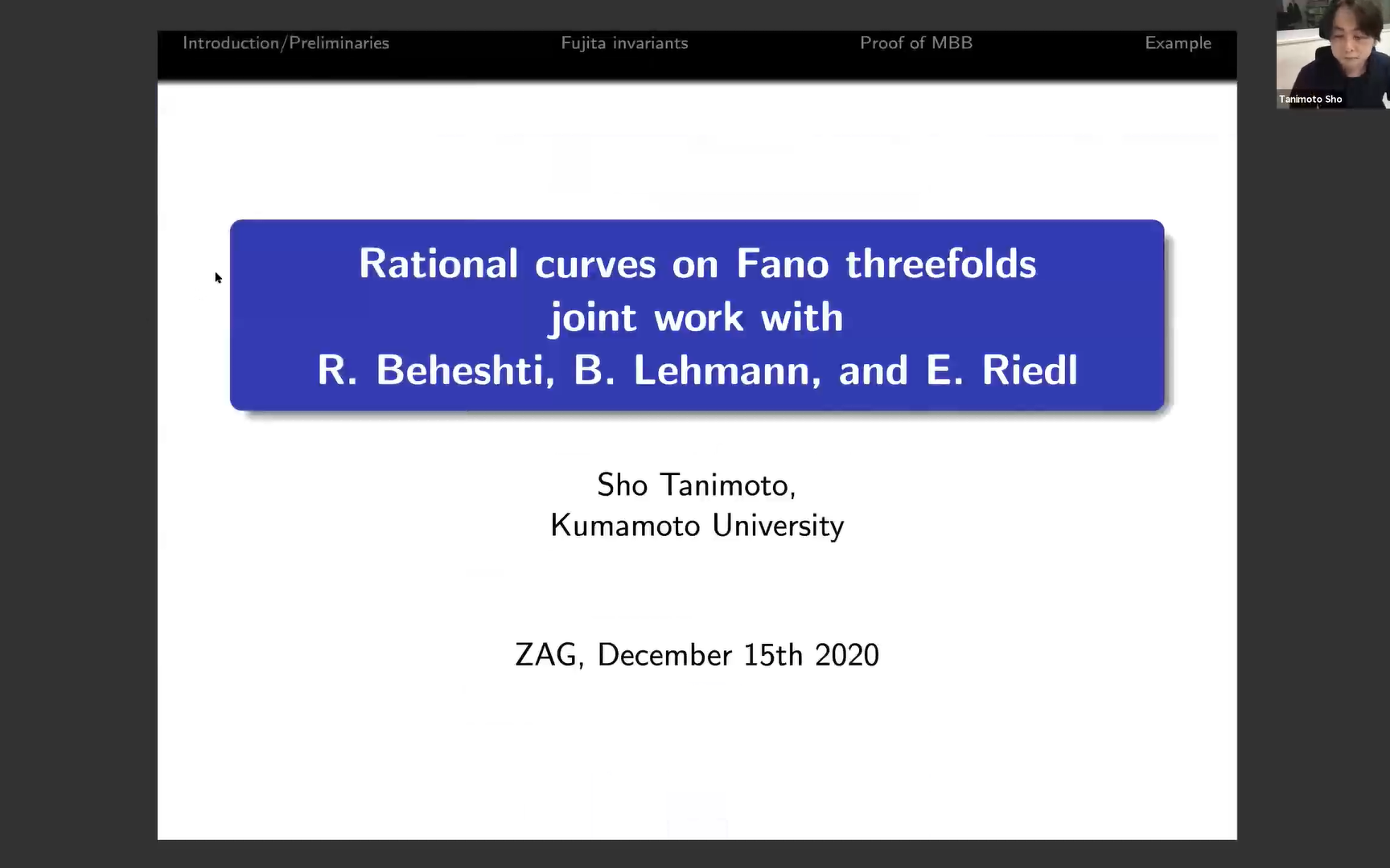 Sho Tanimoto(谷本祥):Fano threefolds上的Rational curves