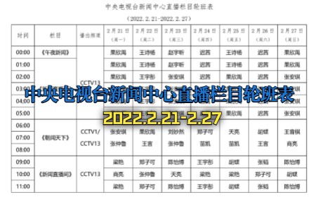 【放送文化】中央电视台新闻中心直播栏目轮班表(2022.02.21-02.27)