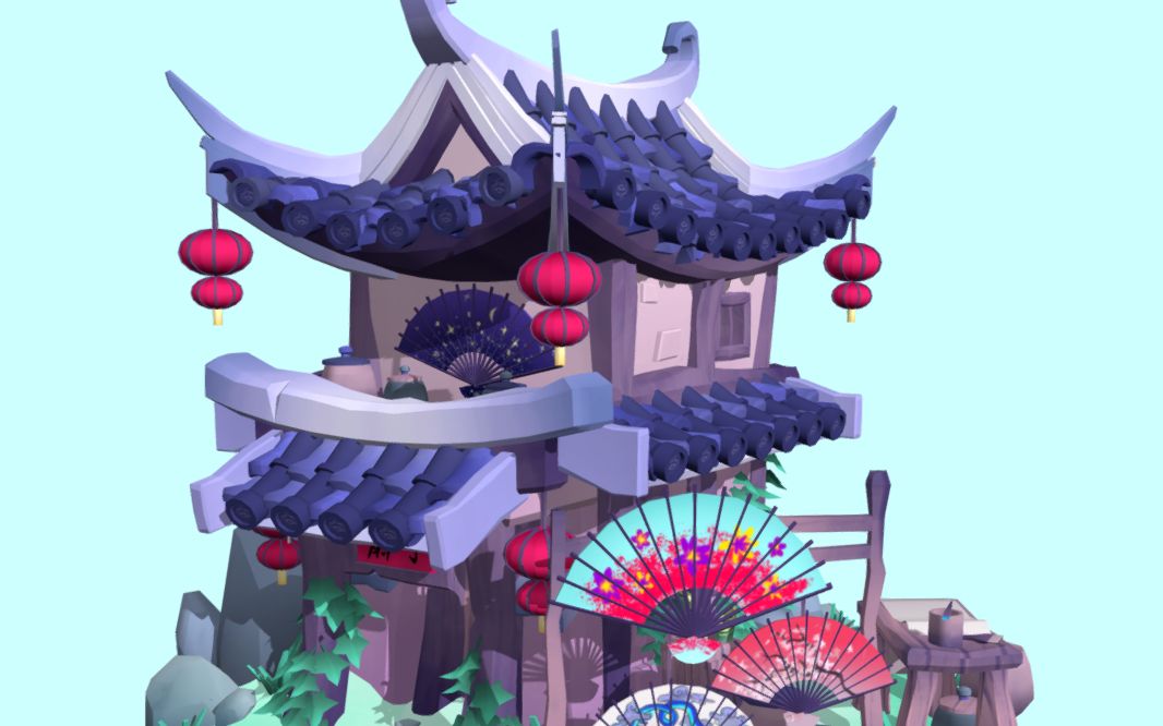 Maya场景建模,卡通动画古风建筑“扇子屋”场景模型讲解