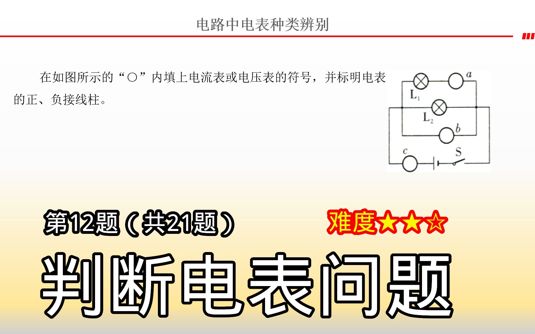 【选电表】在如图所示的圆圈内填上电流表或电压表,并标出正负接线柱