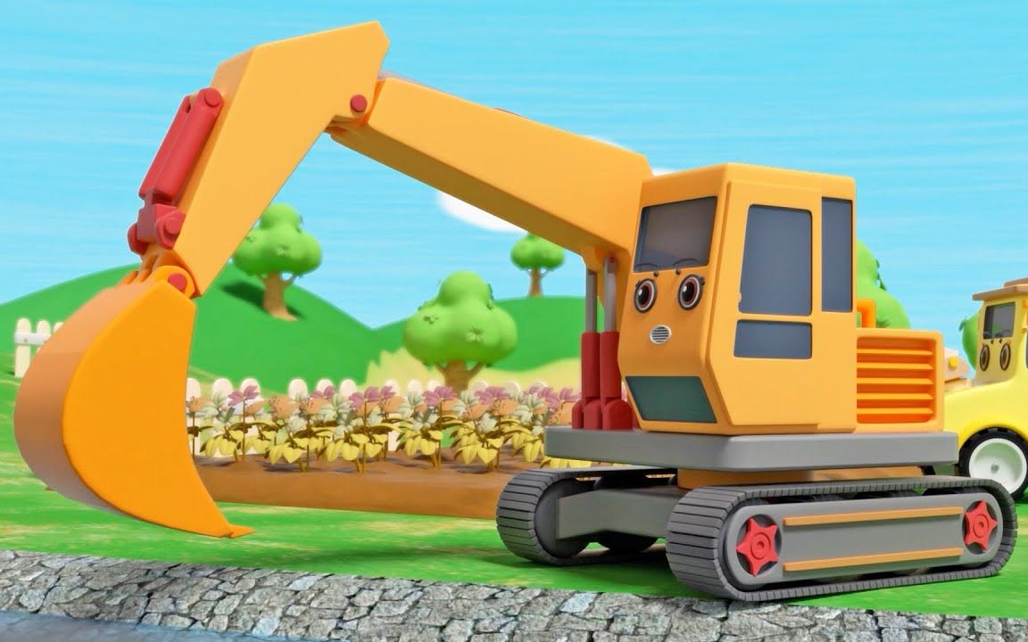 工程车动画:挖掘机到河边勾水 早教 益智 育儿 汽车动画
