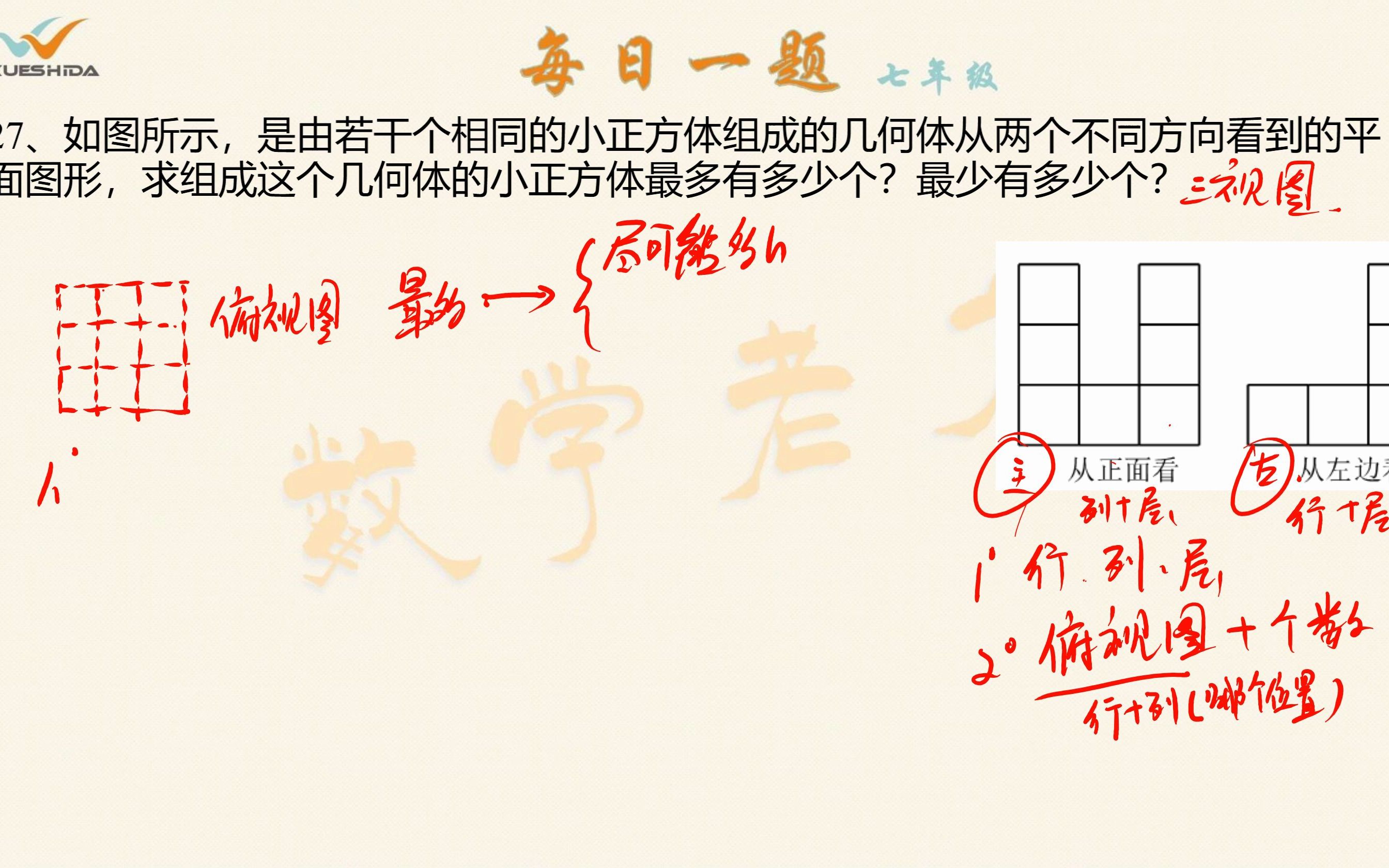 27七年级-计算立方块搭建几何体的个数最多和最少的时候,专属方法...
