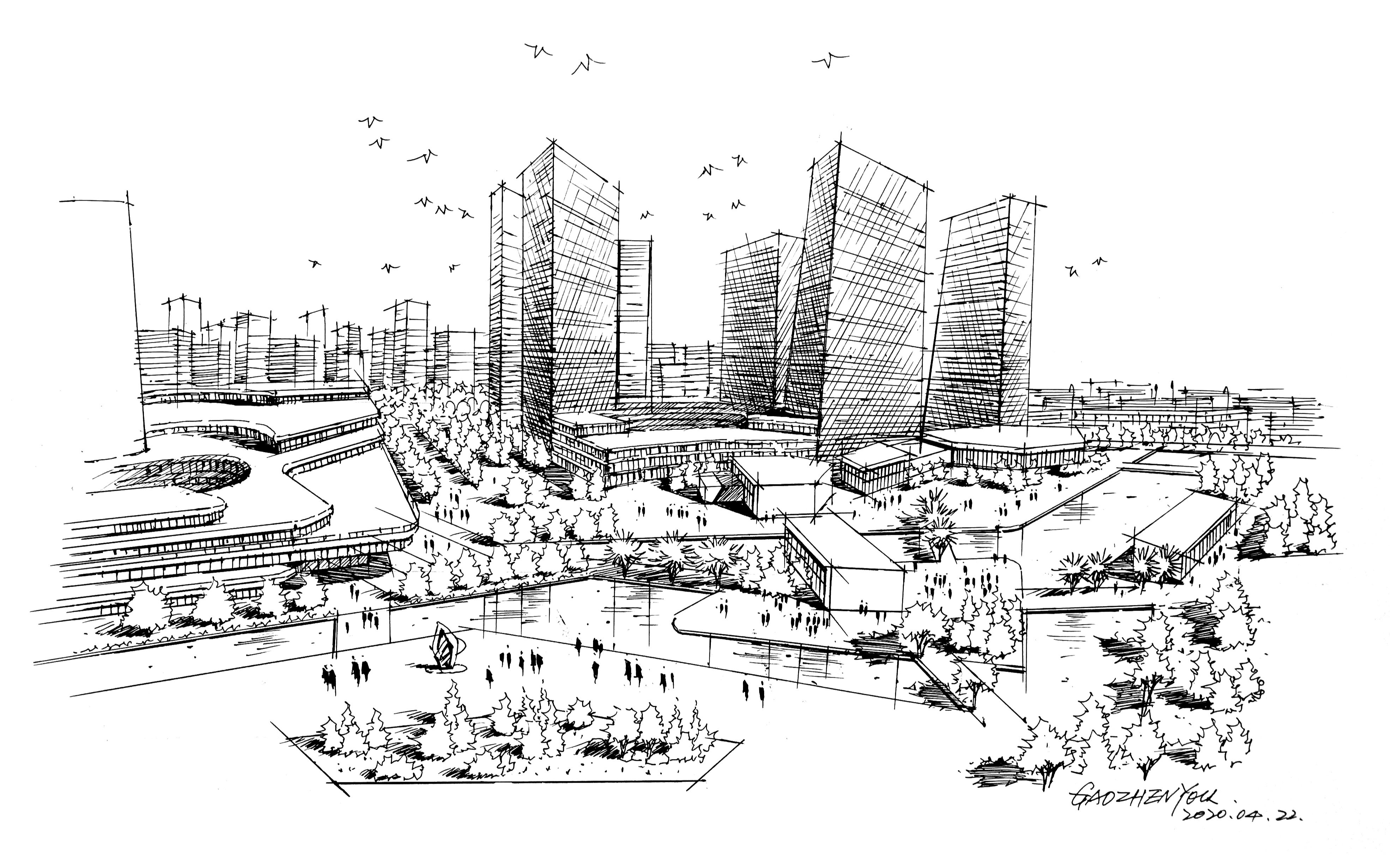 【设计手绘教程】城市规划图表现(线稿篇)
