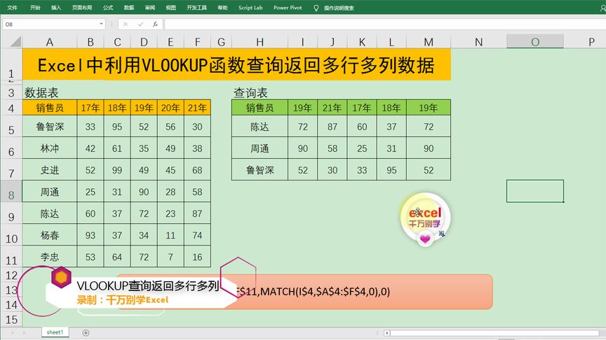 Excel中利用VLOOKUP函数查询返回多行多列数据,简单高效!