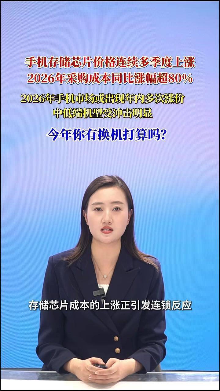 手机存储芯片价格连续多季度上涨,2026年采购成本同比涨幅超80%。...