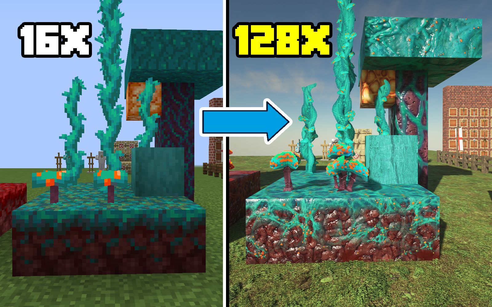 ...我打开这款128x分辨率的材质,你还能分辨高清与像素之间的区别吗?”