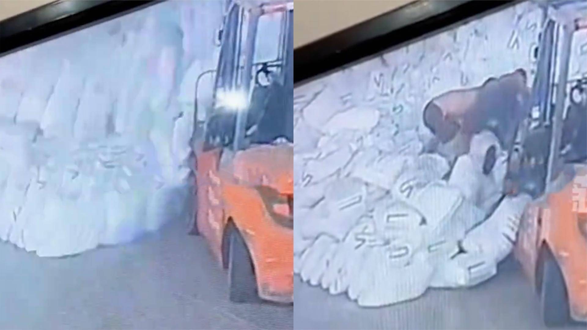 工人搬运货物时货堆突然倾倒,一人瞬间被埋!知情人:伤者腿骨折