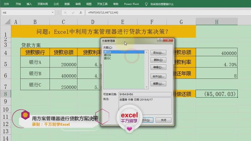 Excel中利用方案管理器进行贷款方案决策,简单到没朋友!