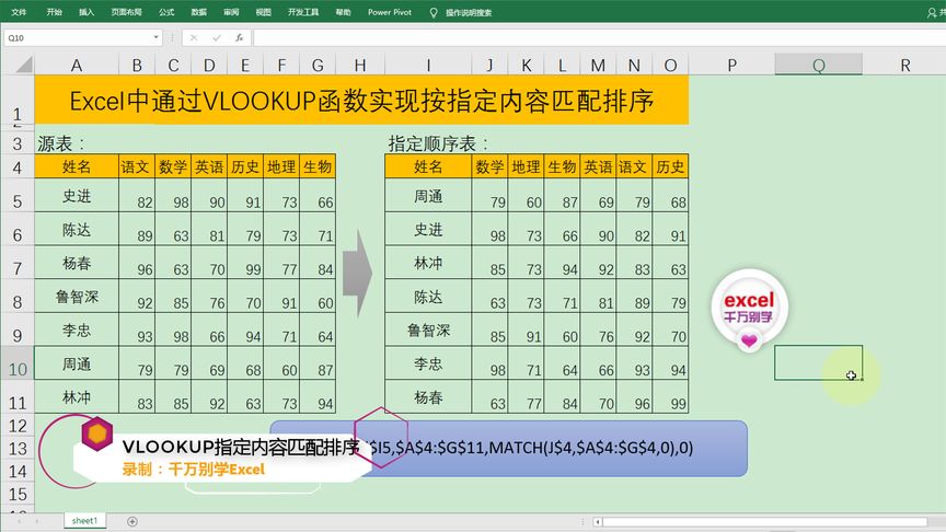 Excel中通过VLOOKUP函数实现按指定内容匹配排序,简单高效!