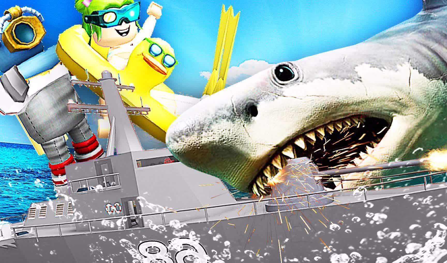 战列舰大战巨齿鲨!Roblox鲨鱼模拟器~