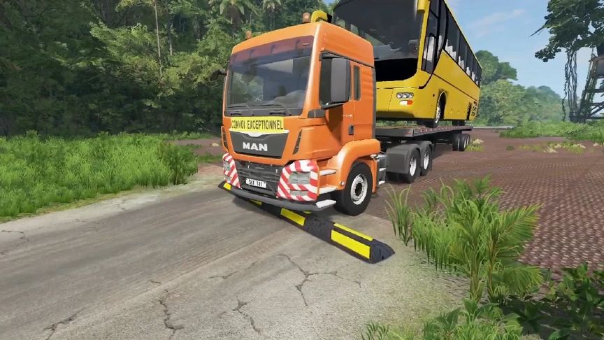 带着大客车的大卡车过减速带。