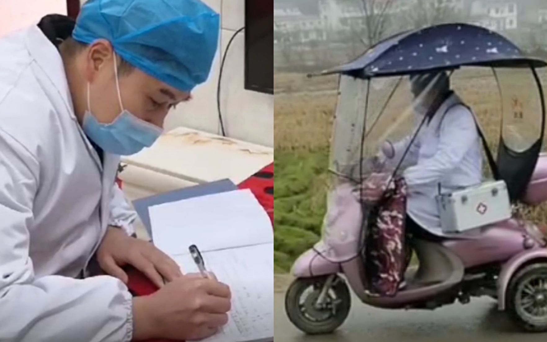 130斤硬汉医生骑粉紫色电动车看病 当村医20年骑坏2辆车