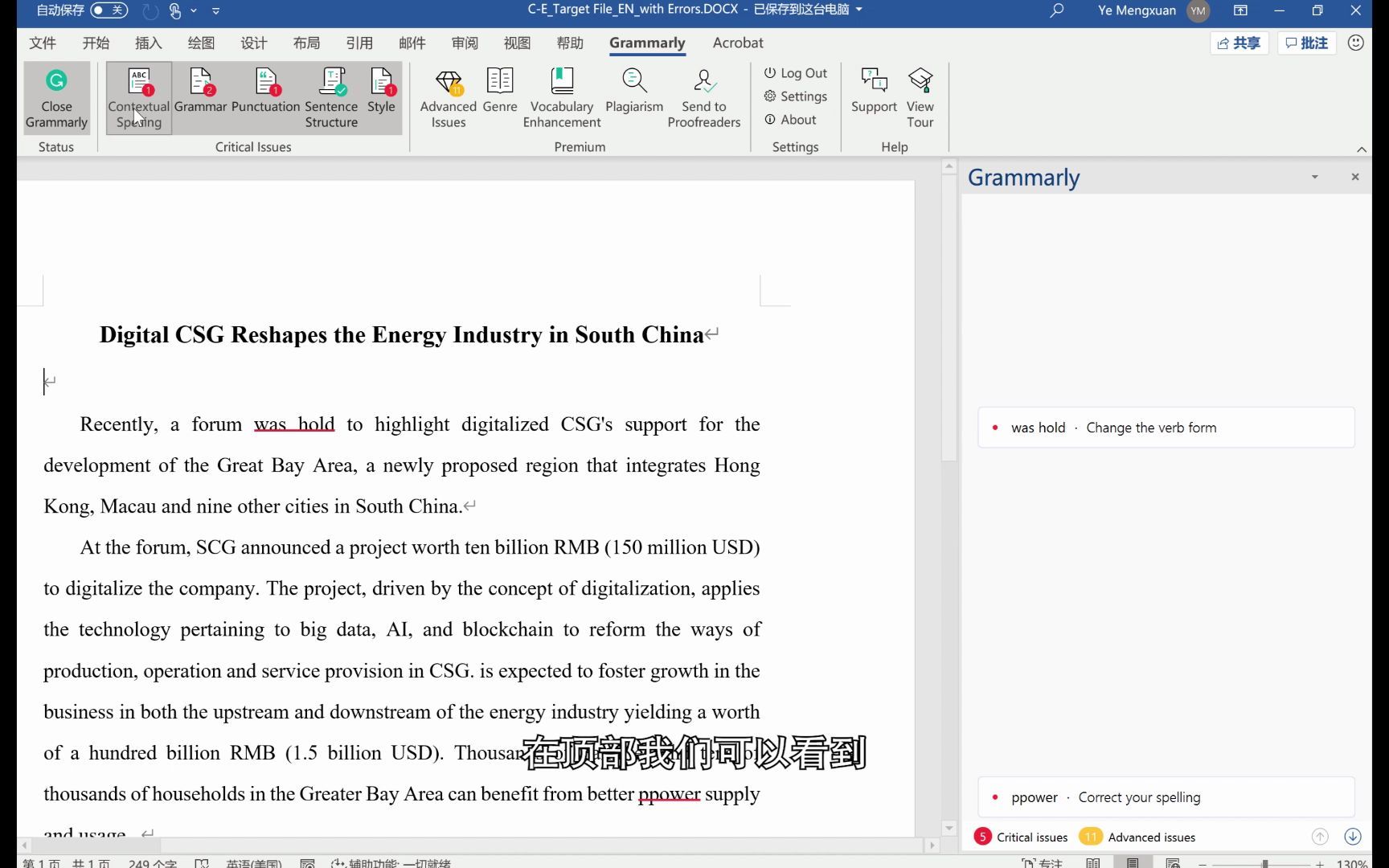 翻译质量控制:Grammarly Word插件版的使用