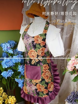 【复古布艺围:/ 裙防水隔油半身围腰厨房防护衣家用围裙套装花店工作...