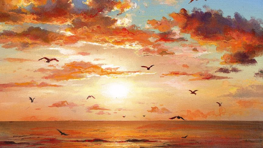 一幅风景画晚霞 丙烯颜料绘画 展示夕阳下的大海美景