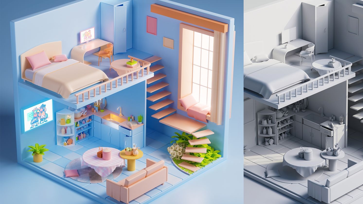 小彦老师C4D卡通小书房卧室房间一角建模渲染教程