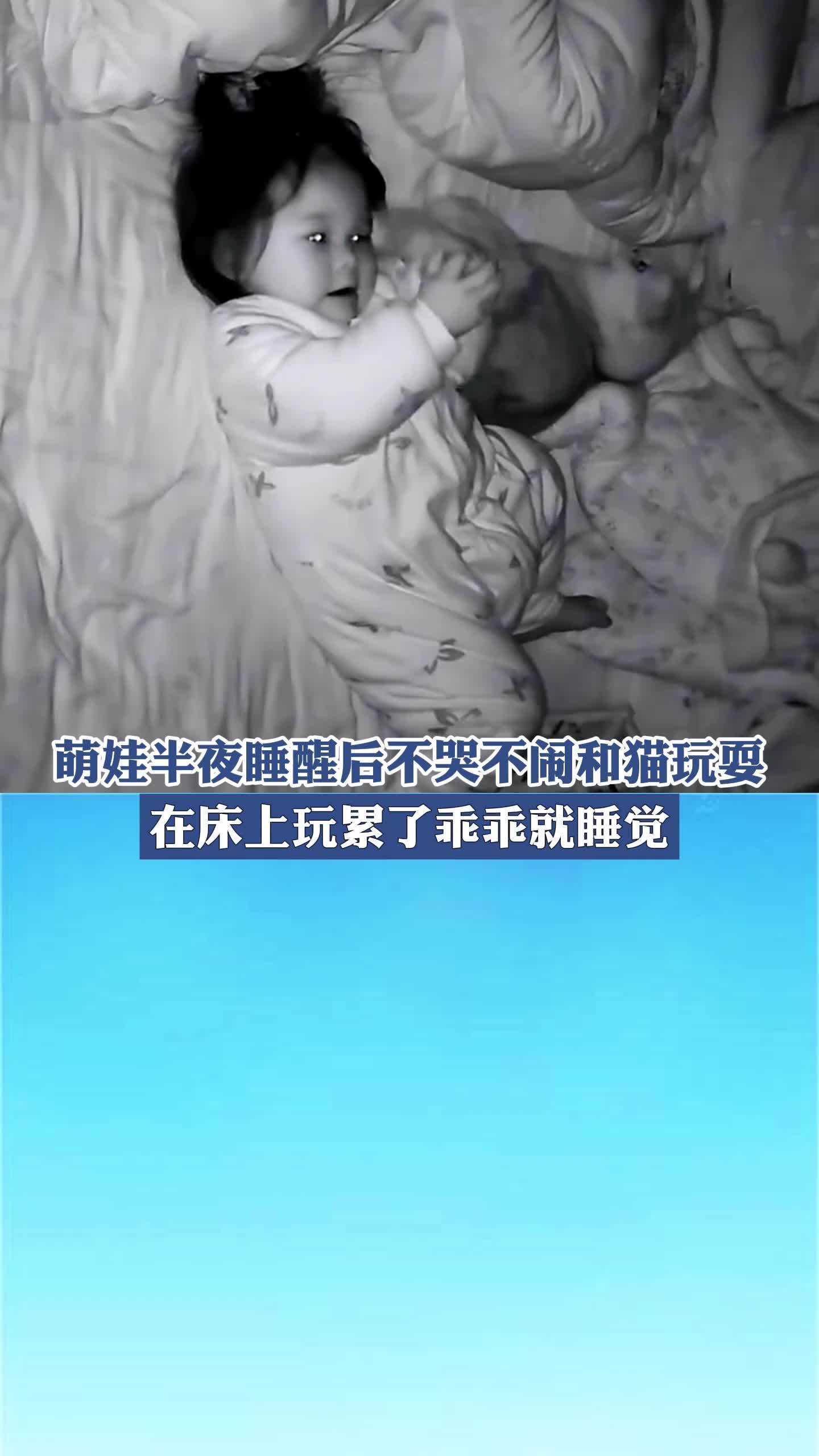 萌娃半夜睡醒后不哭不闹和猫玩耍,在床上玩累了乖乖就睡觉!