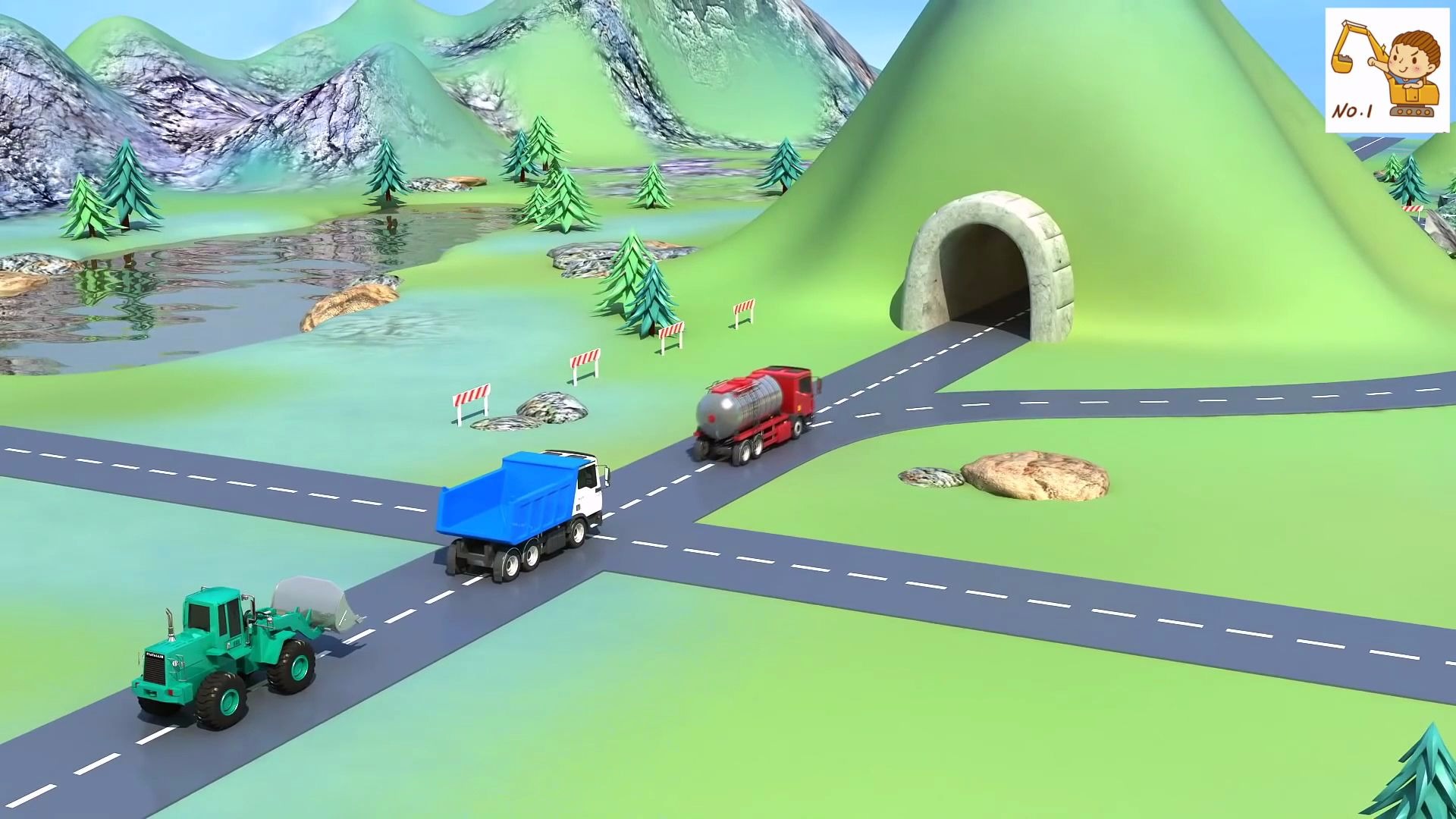 钻土机、推土机、挖掘机和卡车建造隧道 挖掘机动画片