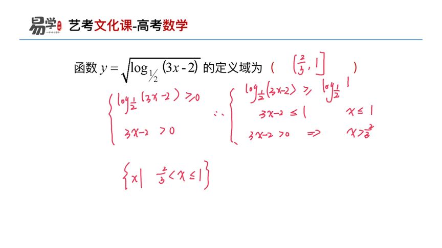 NO.7 艺考数学 函数㏒½(3x-2),在偶次根式下计算函数定义域